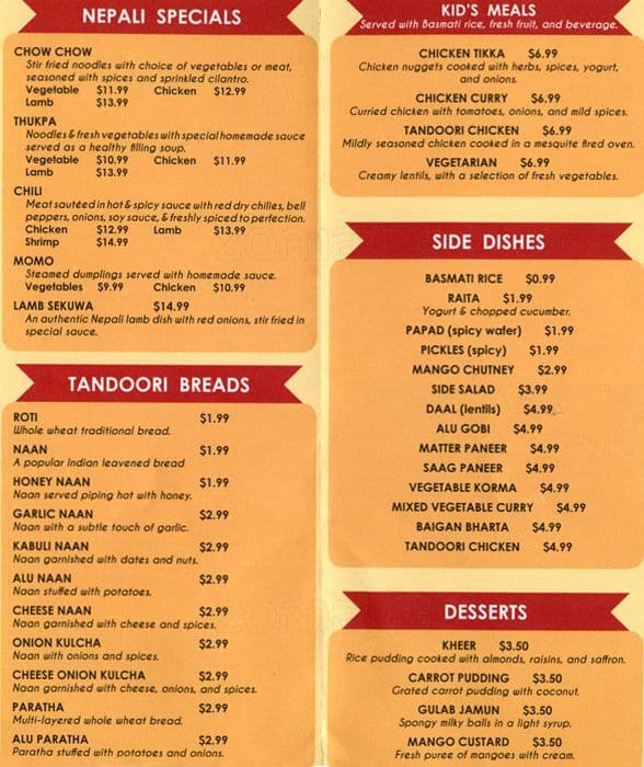 Menu at Mount Everest Cuisine restaurant, Boulder