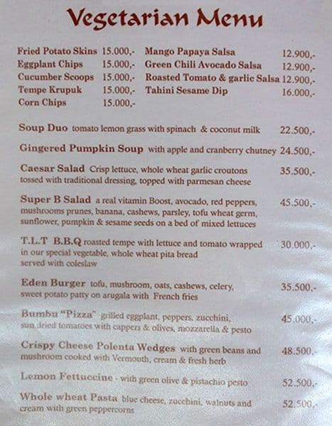 Menu at Bumbu Bali restaurant, Gianyar, Jl. Kajeng No.1