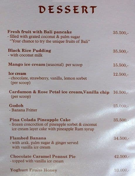 Menu at Bumbu Bali restaurant, Gianyar, Jl. Kajeng No.1