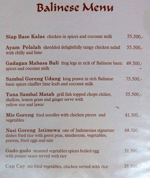 Menu at Bumbu Bali restaurant, Gianyar, Jl. Kajeng No.1