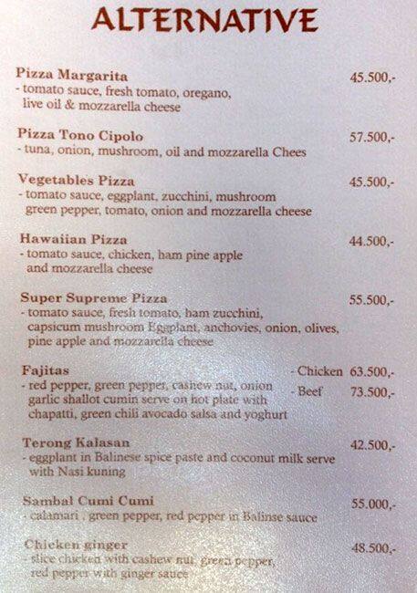 Menu at Bumbu Bali restaurant, Gianyar, Jl. Kajeng No.1