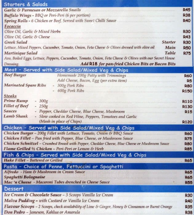 The Gem of the Bushveld Menu, Menu for The Gem of the Bushveld ...