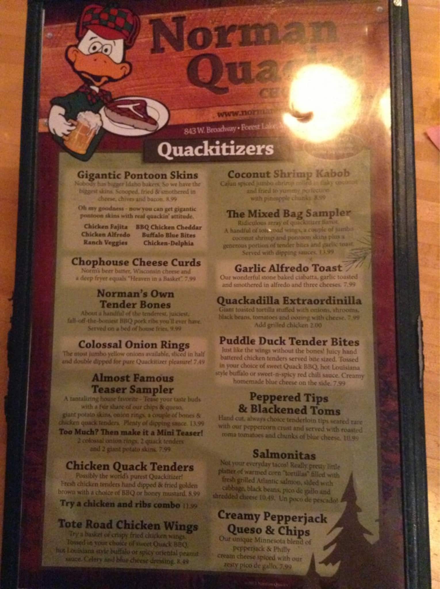 Menu at Norman Quacks pub & bar, Forest Lake