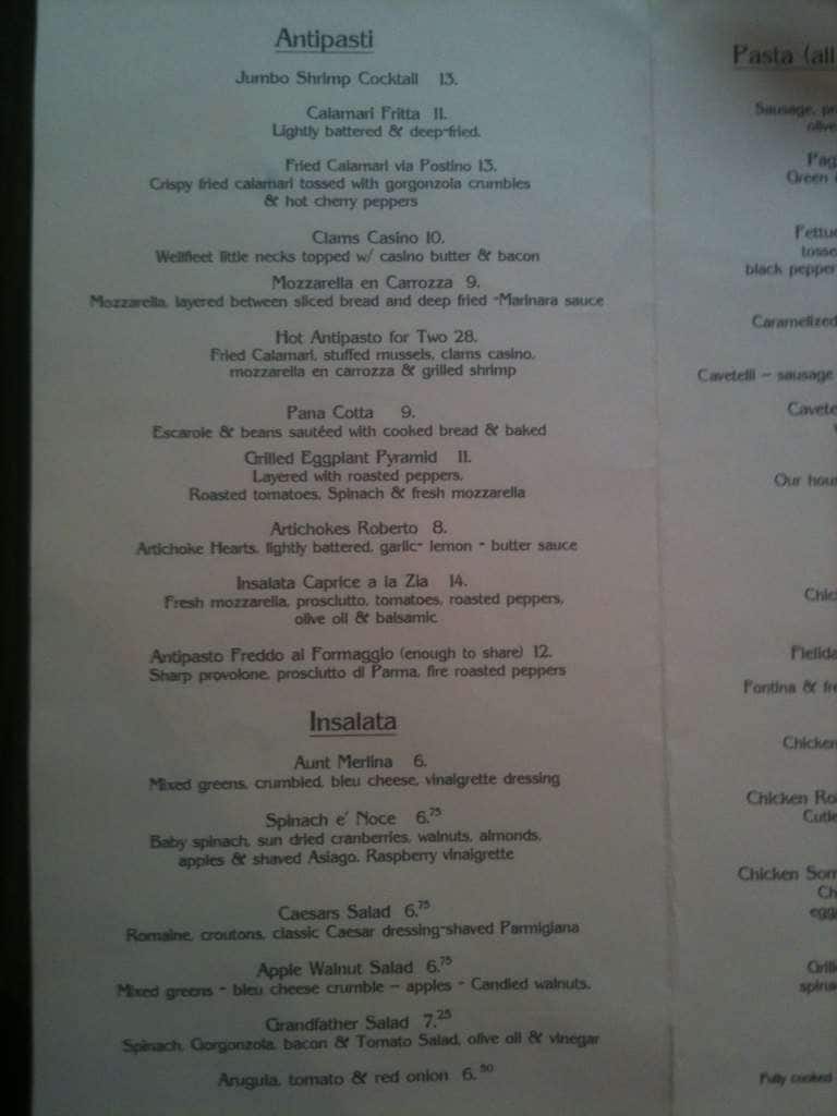 Menu at Zia Cucina restaurant, Waterbury