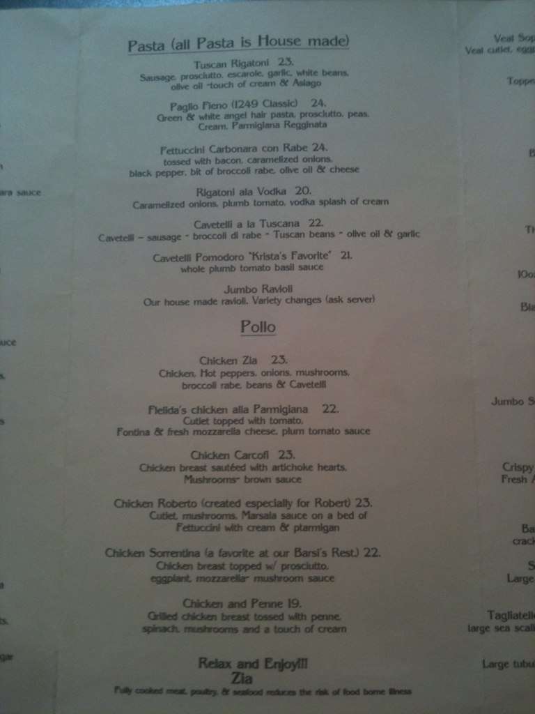 Menu at Zia Cucina restaurant, Waterbury