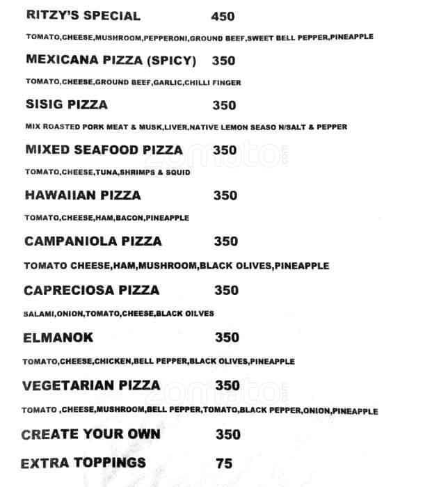 Menu at Ritzy's White Beach Resort & Restaurant, Philippines