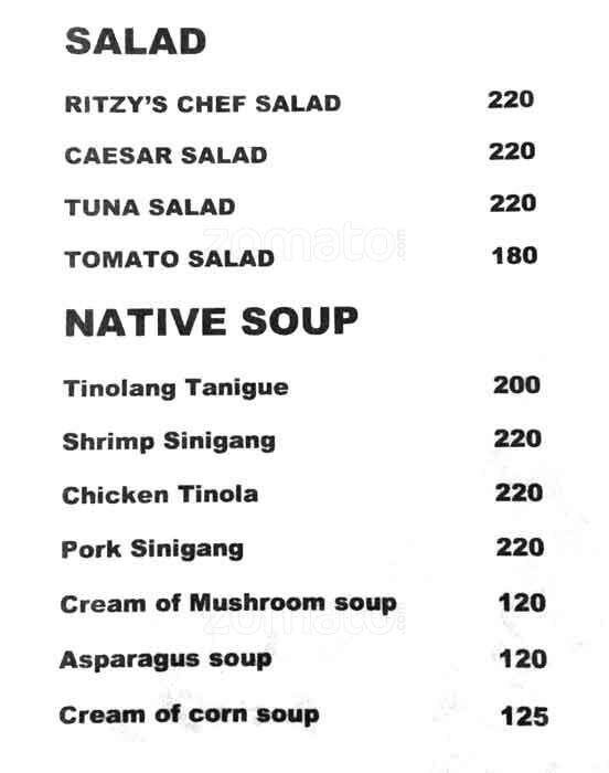 Menu at Ritzy's White Beach Resort & Restaurant, Philippines