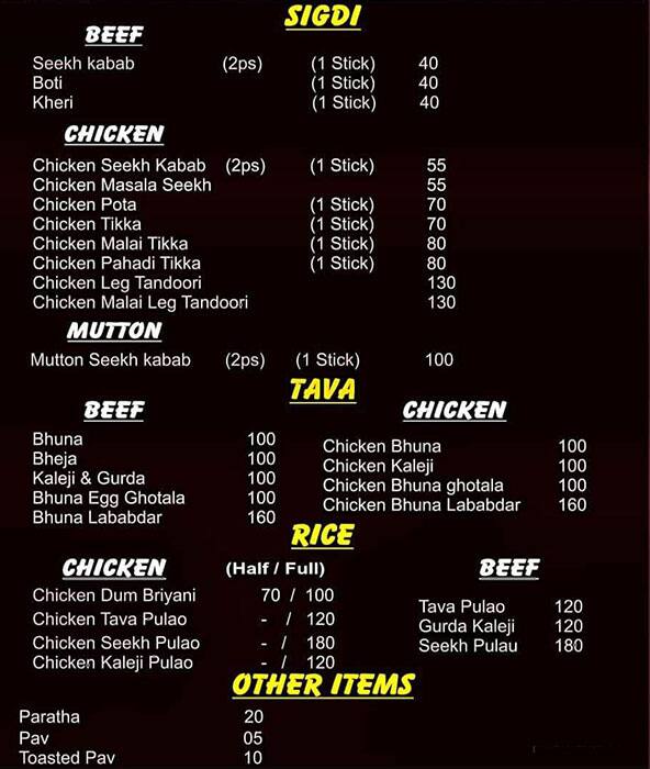Menu of Rahat Foods, Trombay, Mumbai