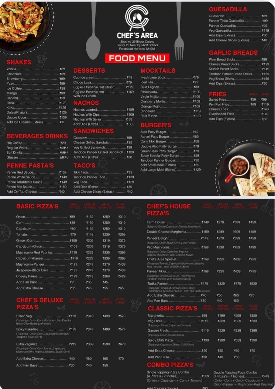 Menu of Chef’s Area, Sector 29, Faridabad