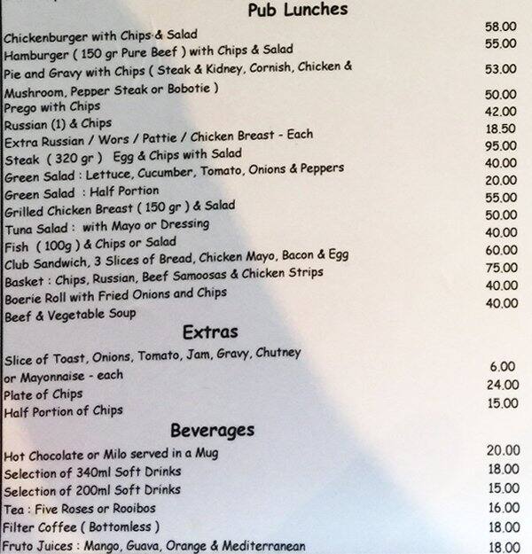 Menu at Lemon Tree pub & bar, Johannesburg