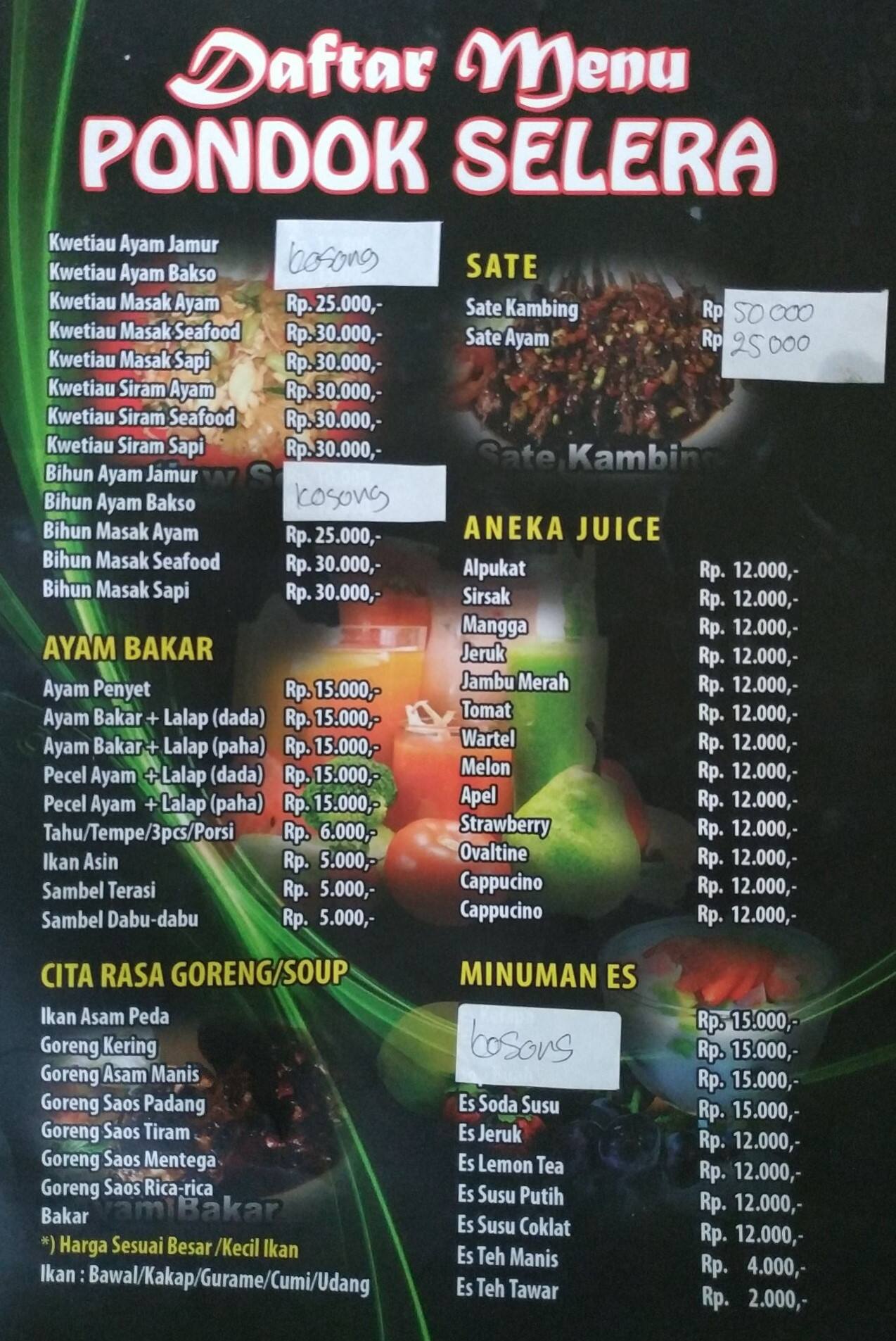 Menu at Pondok Selera restaurant, North Jakarta, Jl. Bugis No.51 1