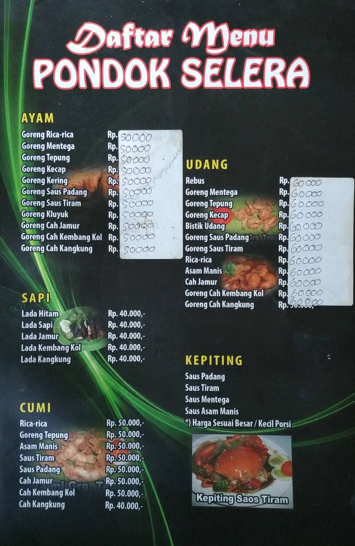 Menu at Pondok Selera restaurant, North Jakarta, Jl. Bugis No.51 1