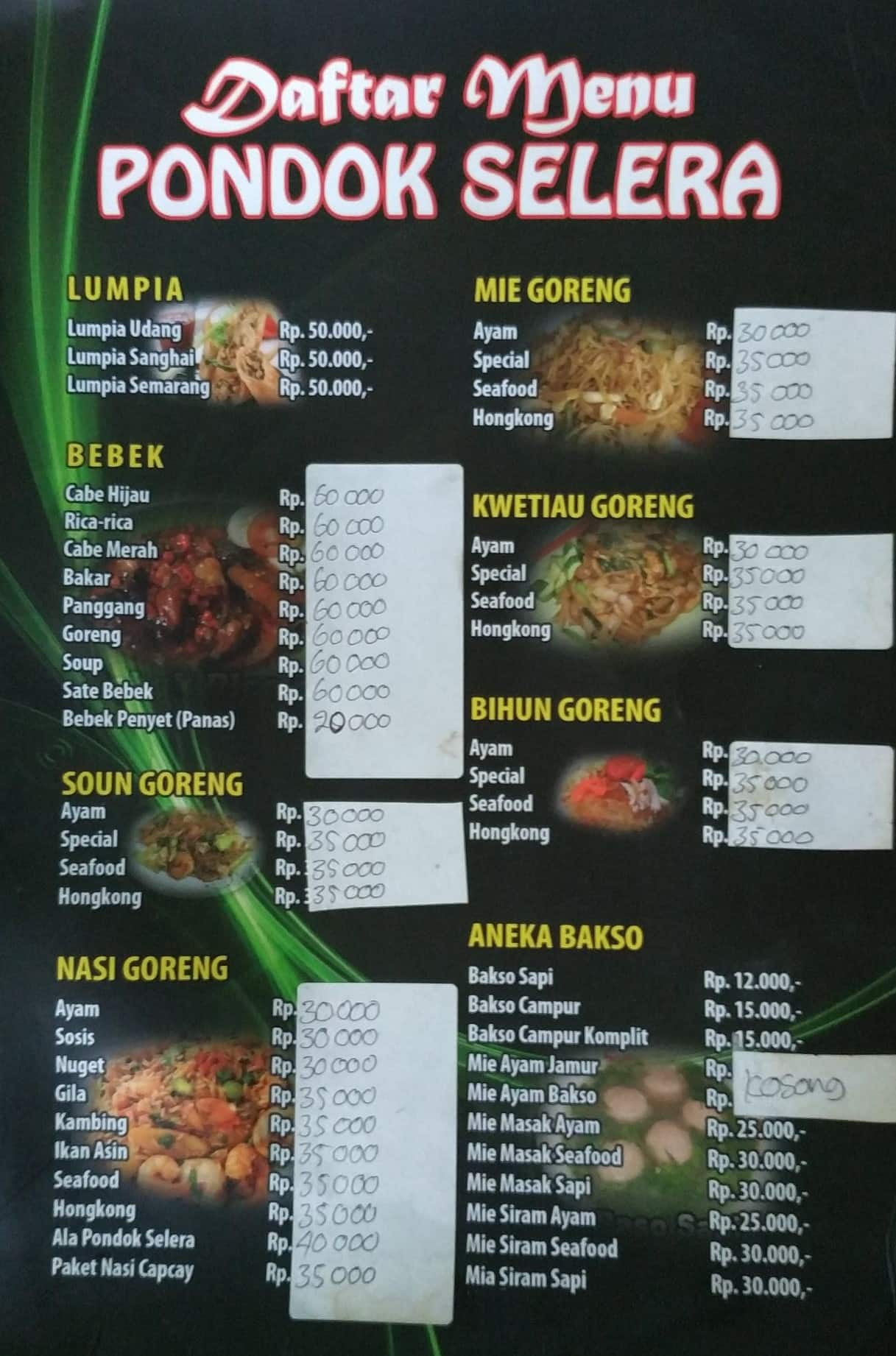 Menu at Pondok Selera restaurant, North Jakarta, Jl. Bugis No.51 1