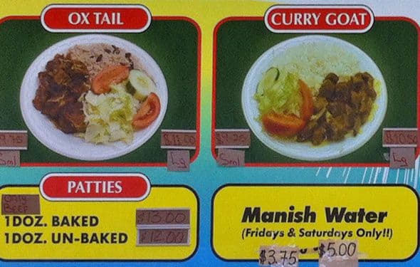 Menu at Tinnel's West Indian Take-Out restaurant, Toronto, Eglinton Ave W