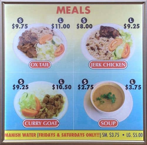 Menu at Tinnel's West Indian Take-Out restaurant, Toronto, Eglinton Ave W