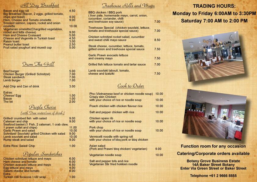 Menu at Tree House Cafe, Pagewood, 14a Baker St