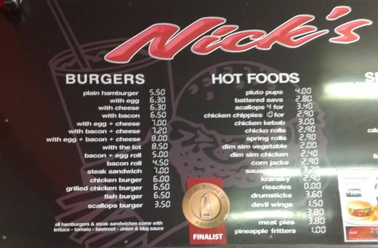 Menu at Nick's Takeaway fast food, Doonside