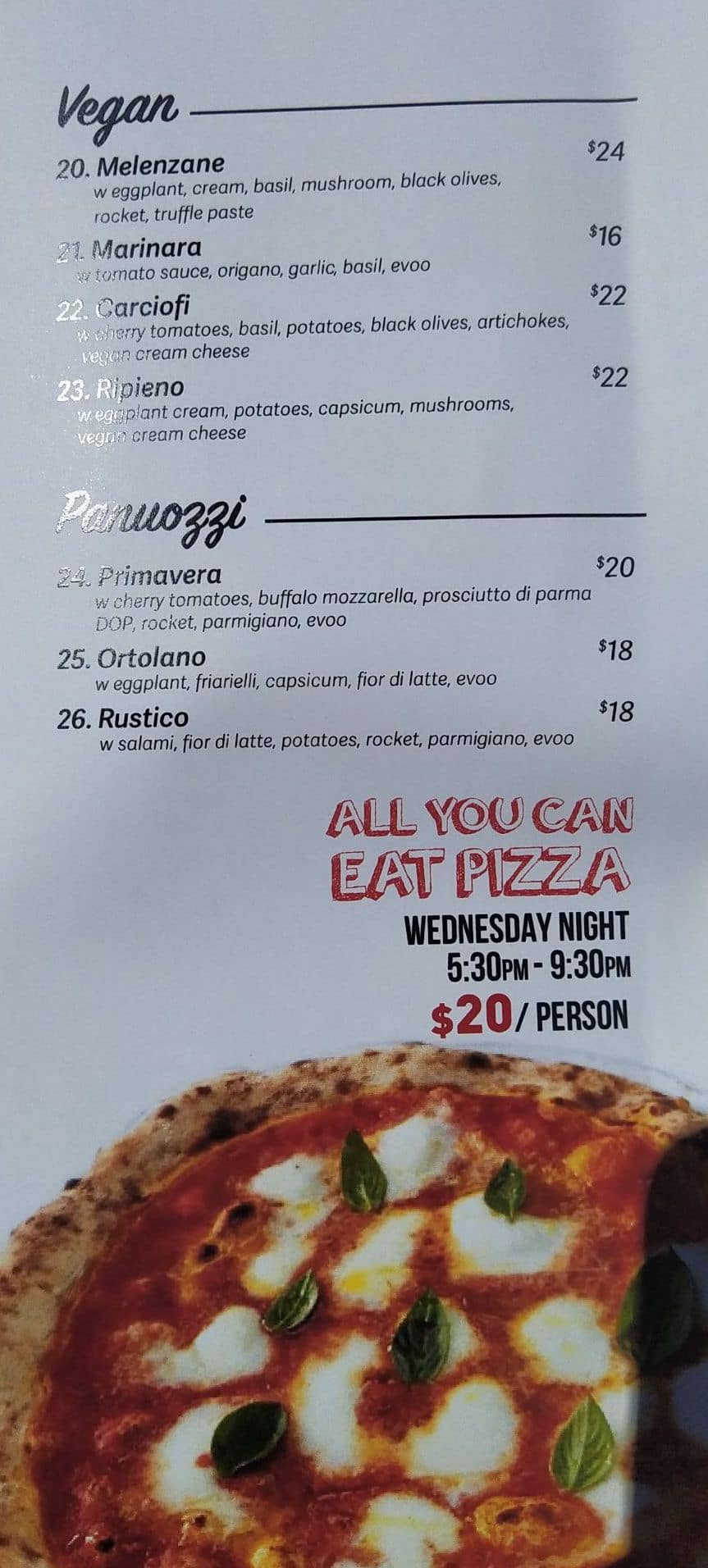 Menu at Paesanella cafe, Marrickville