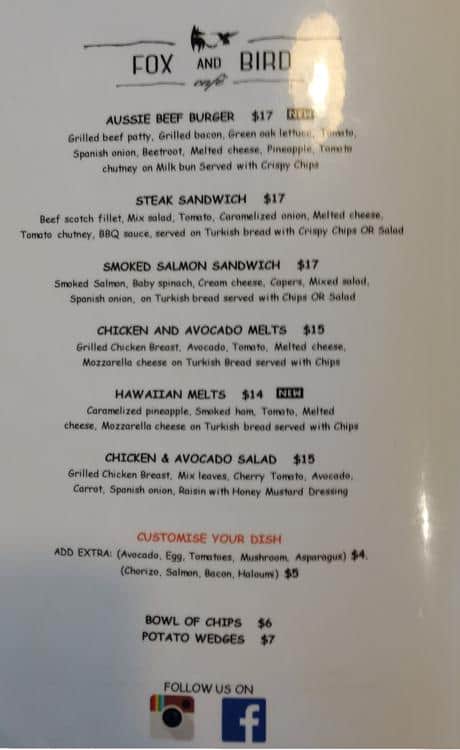 Menu at Fox and Bird Ryde cafe, East Ryde