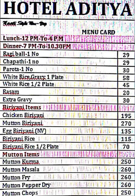 Menu at Hotel Aditya- Mahalakshmipuram, Bengaluru