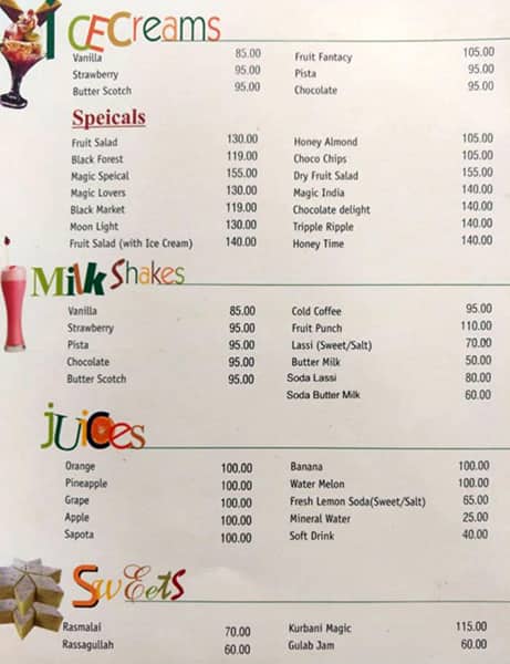 Menu at Sweet magic, Vijayawada, Bharadwaj