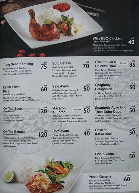 Menu at Willz Cafe, Jakarta
