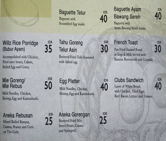 Menu at Willz Cafe, Jakarta