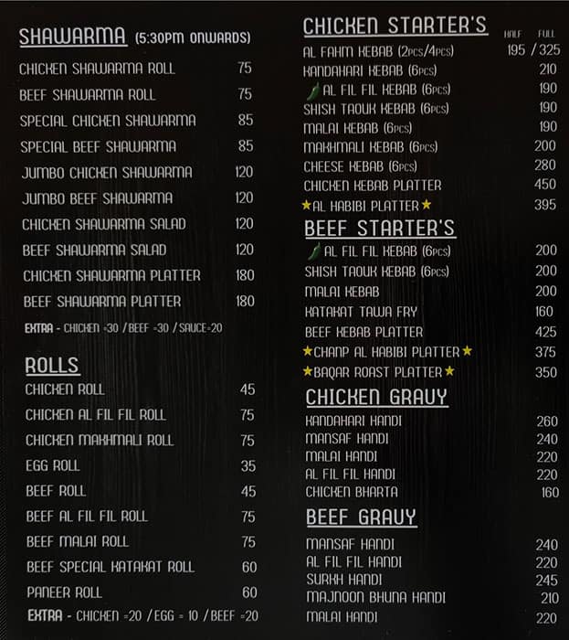 Menu of Shaikh's, Park Circus Area, Kolkata