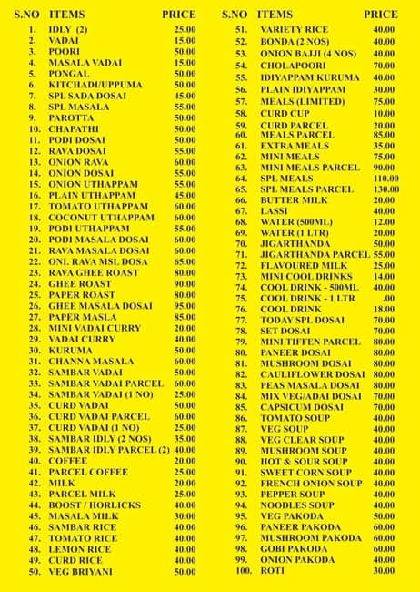 Menu of Welcome Srinivasa, Velachery, Chennai