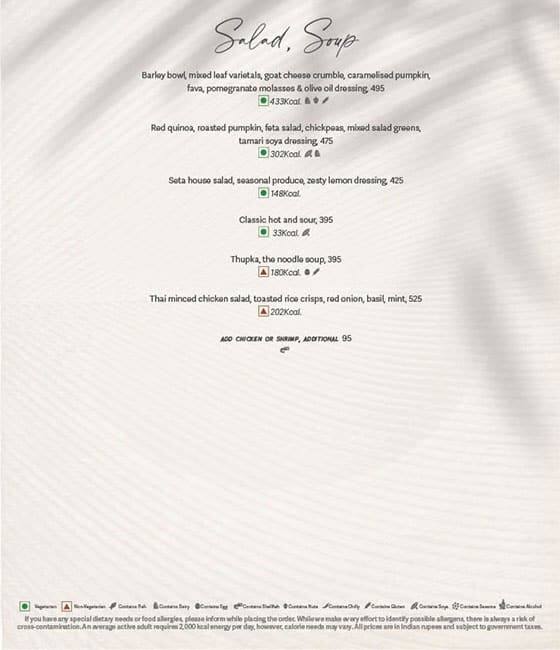 Menu of Seta, Domlur, Bangalore