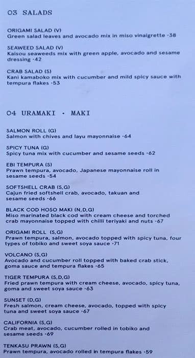 Menu of Origami Sushi, Downtown Dubai, Dubai