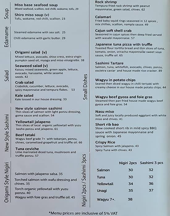 Menu at Origami Sushi Jumeirah Road restaurant, Dubai, Shop #104