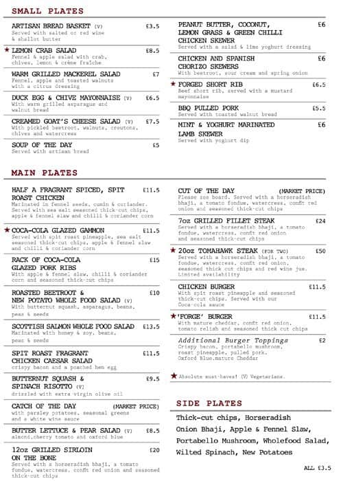 Menu at Forge pub & bar, London