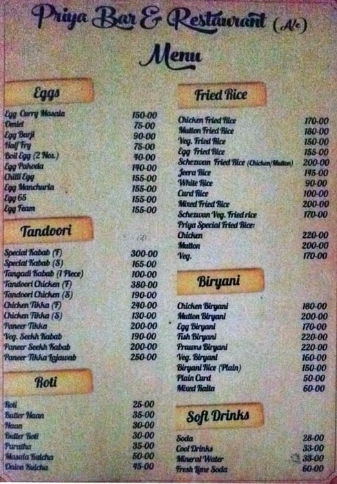 Menu at Priya Bar & Restaurant, Hyderabad