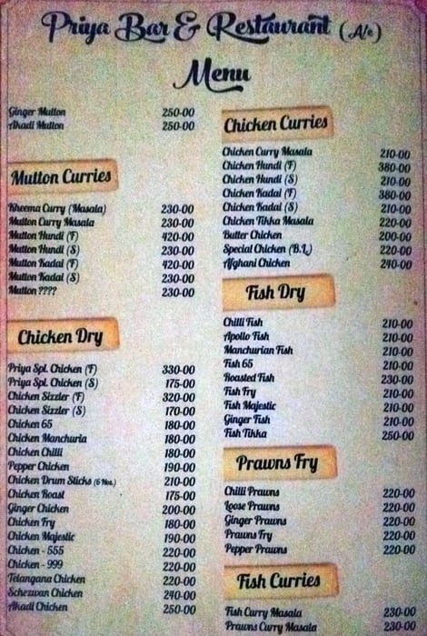 Menu at Priya Bar & Restaurant, Hyderabad