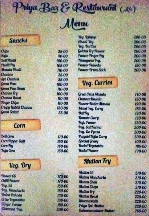 Menu at Priya Bar & Restaurant, Hyderabad