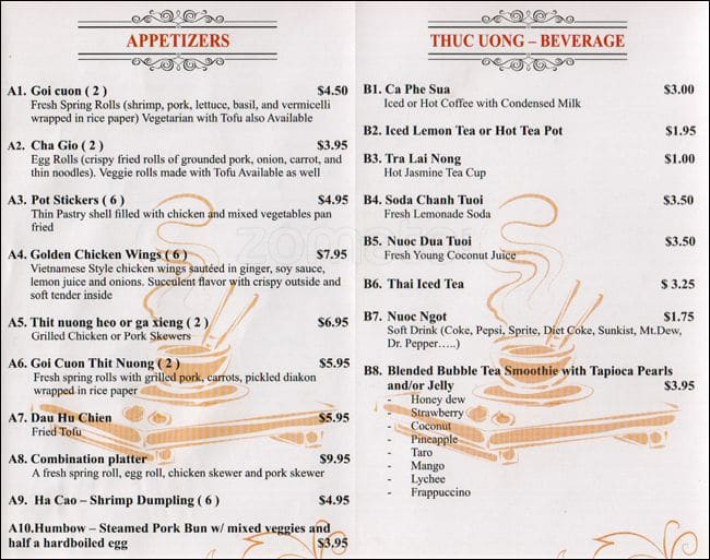 Menu at Pho House restaurant, Kirkland