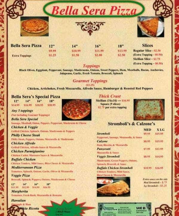 Menu at Bella Sera Pizza pizzeria, Fort Lauderdale