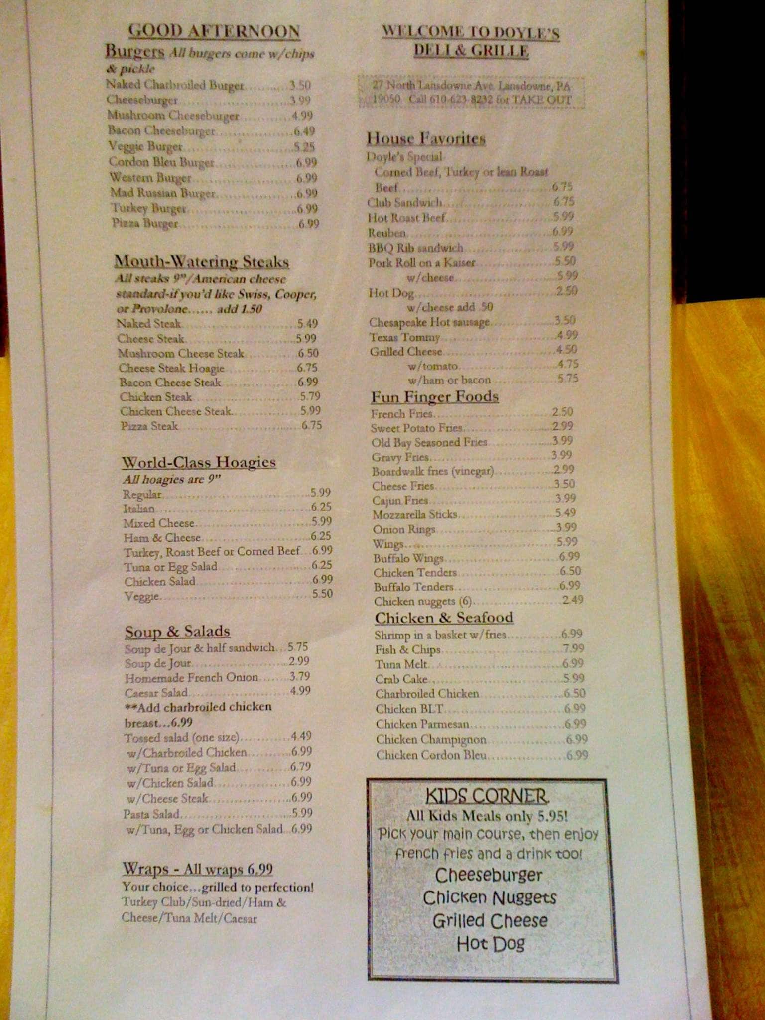 Menu at Doyle's Deli restaurant, Lansdowne