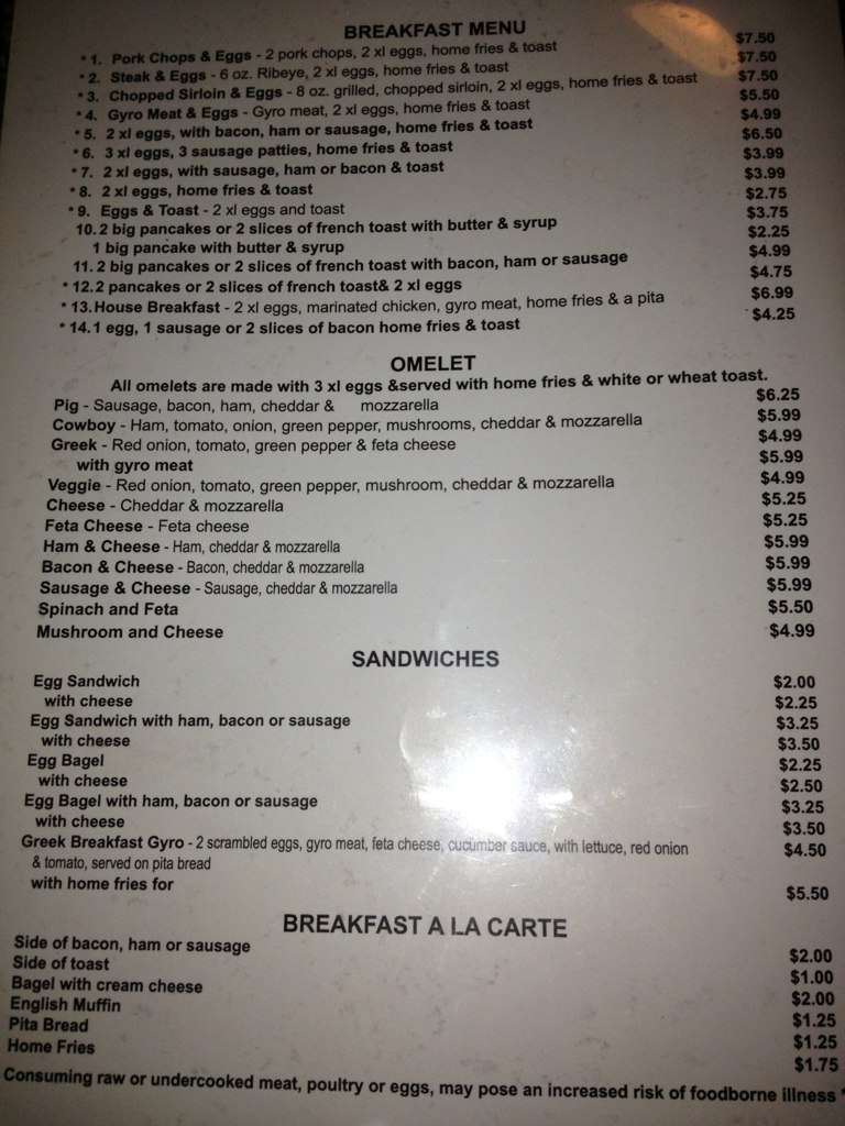 Menu at Ari's Diner restaurant, Columbus
