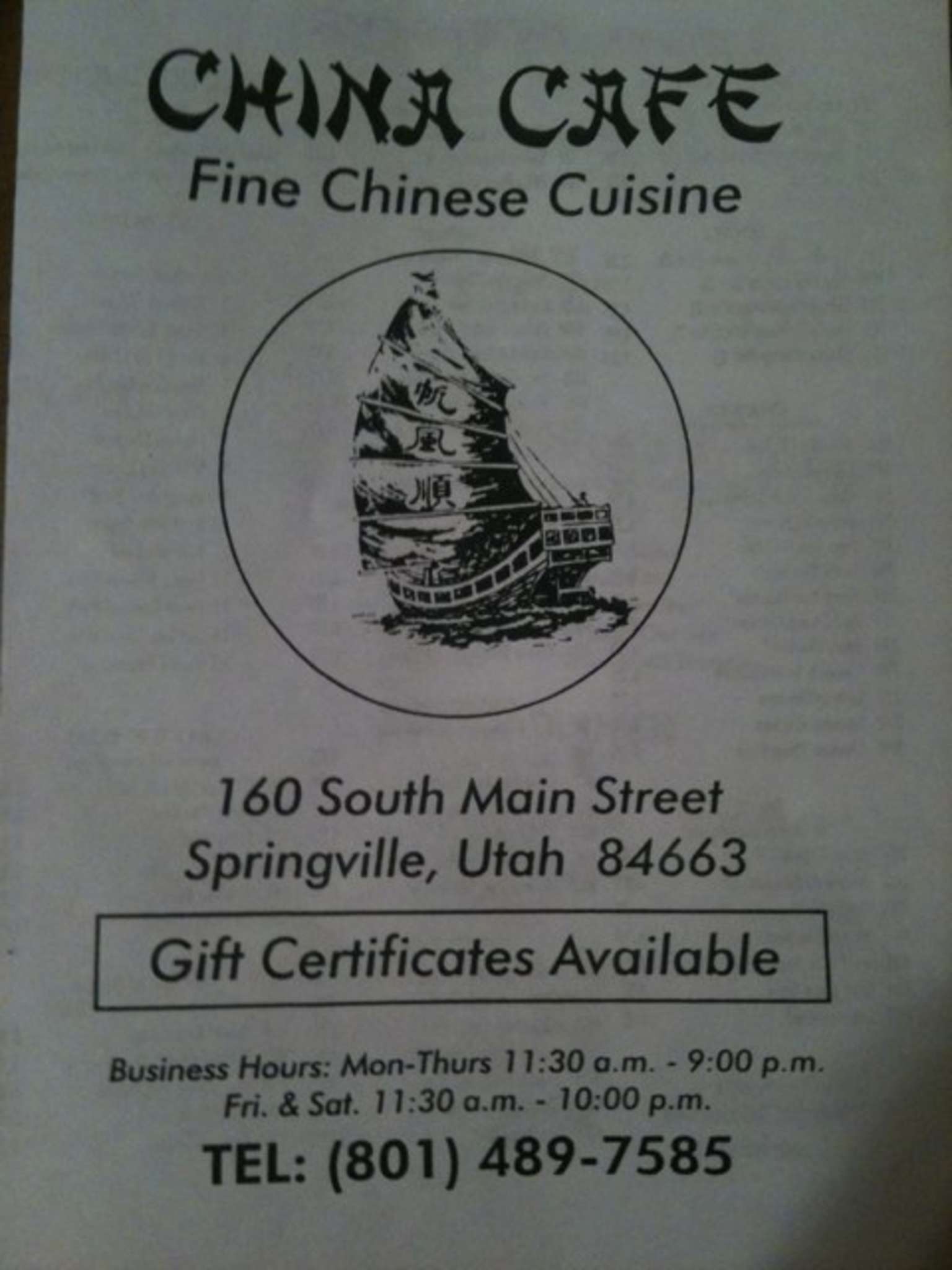 Menu at China Cafe, Springville