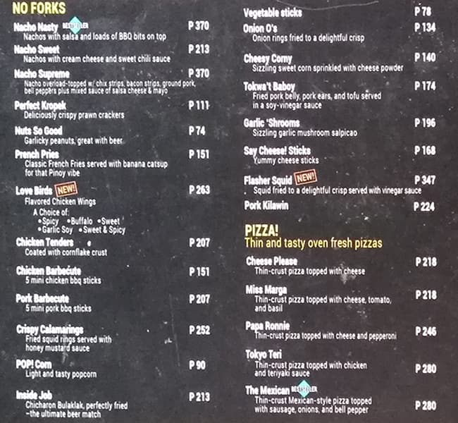 Menu at Chill Bar, Muntinlupa