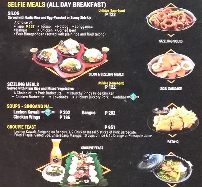 Menu at Chill Bar, Muntinlupa