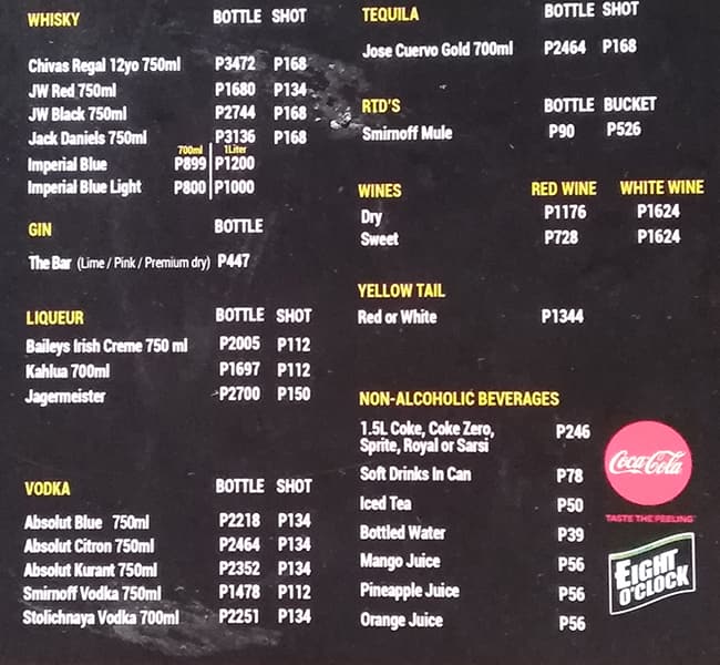Menu at Chill Bar, Muntinlupa