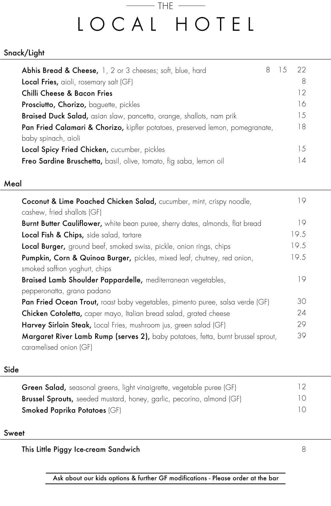 Menu at The Local Hotel pub & bar, South Fremantle