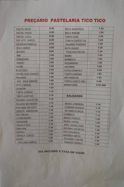 Menu at Tico Tico cafe, Barreiro, Av. Alfredo Silva