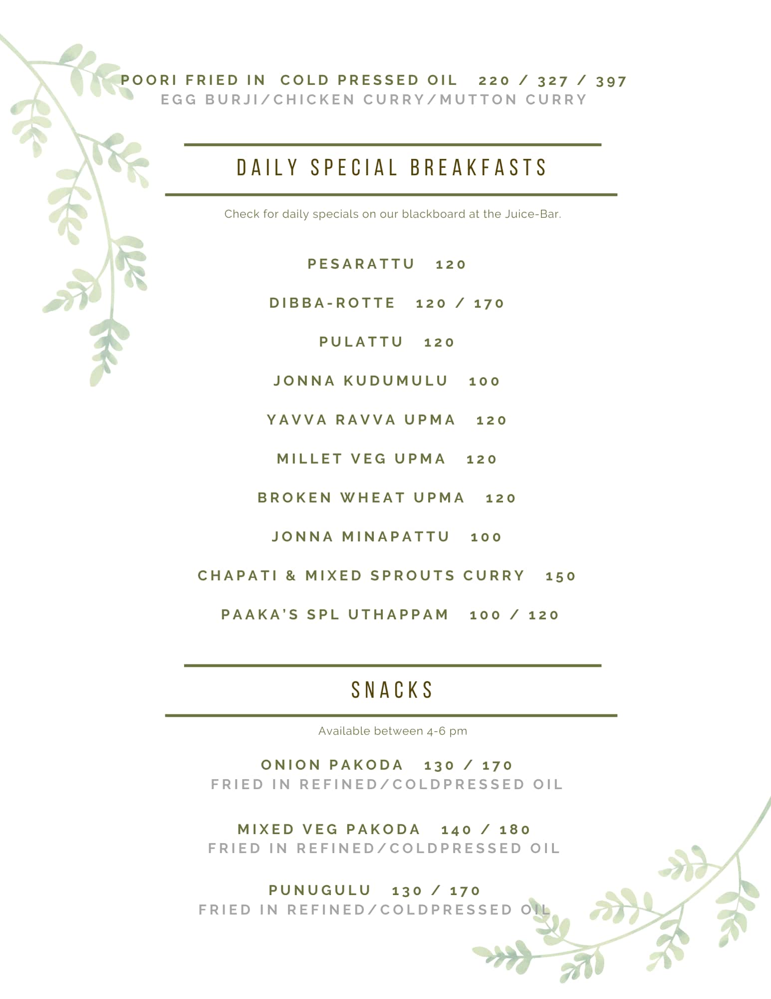 Menu at Paaka Organic Cafe, Hyderabad, Nallagandla - Tellapur Rd