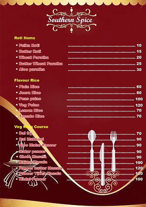 Menu of Southern Spice, Medavakkam, Chennai