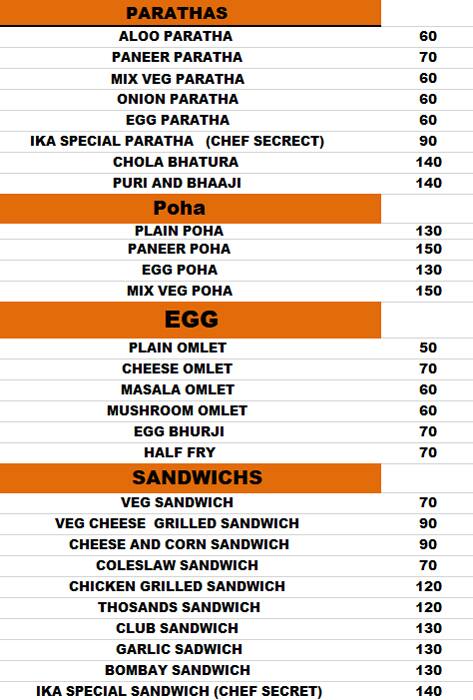 Menu of IKA Cafe, Jhotwara, Jaipur