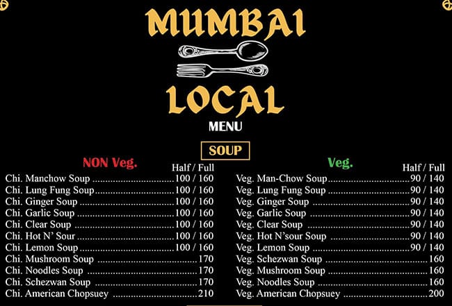 Menu of Mumbai Local Chinese Fast Food, Lower Parel, Mumbai
